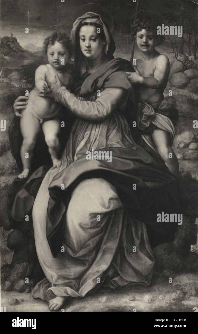 This 16th-century painting features the Madonna with Child and St. John ...