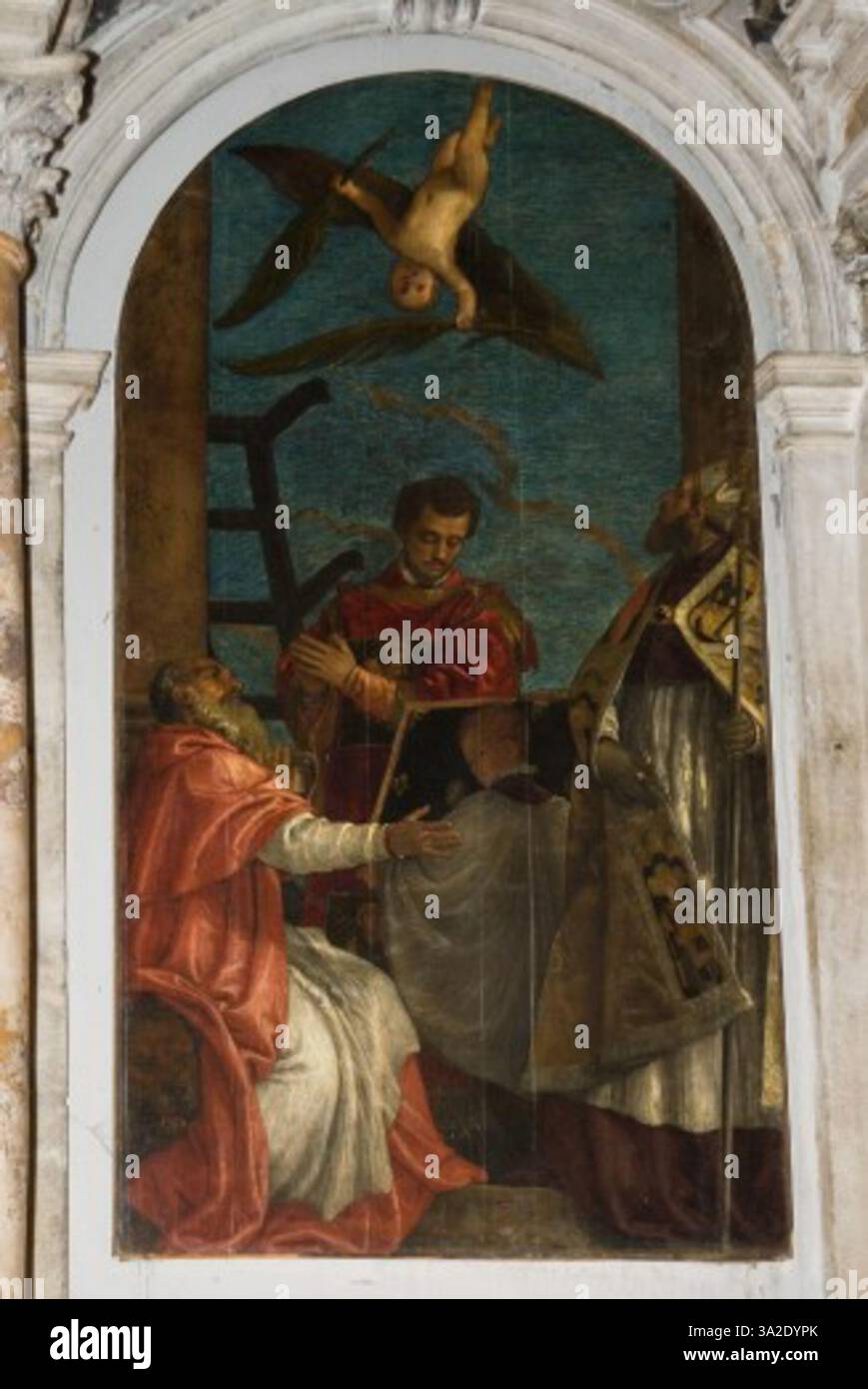 This artwork portrays Saint Lawrence, Saint Jerome, and Saint Prosper ...