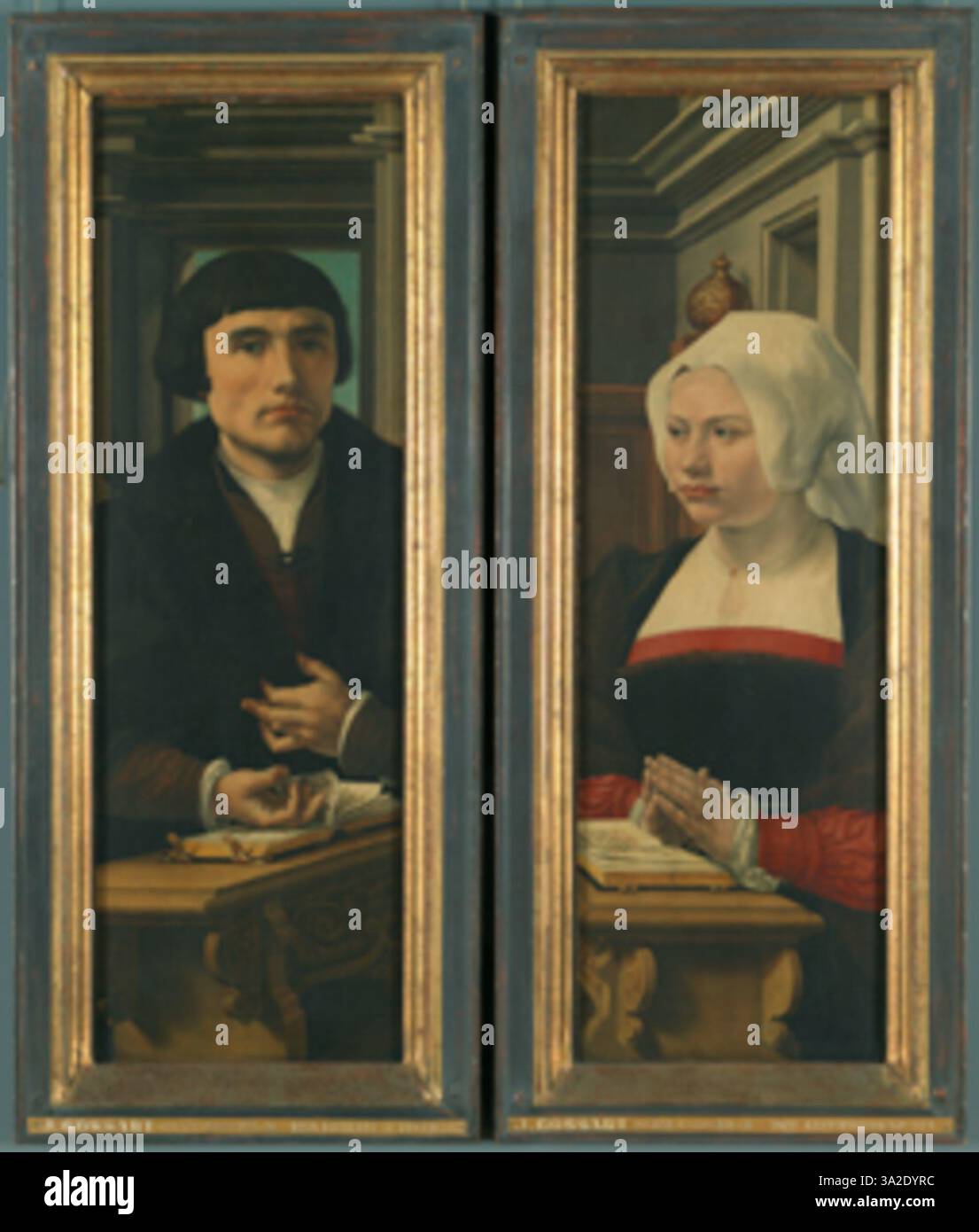 This panel from a triptych by Jan Gossart features the portraits of a donor and a donatrix ...