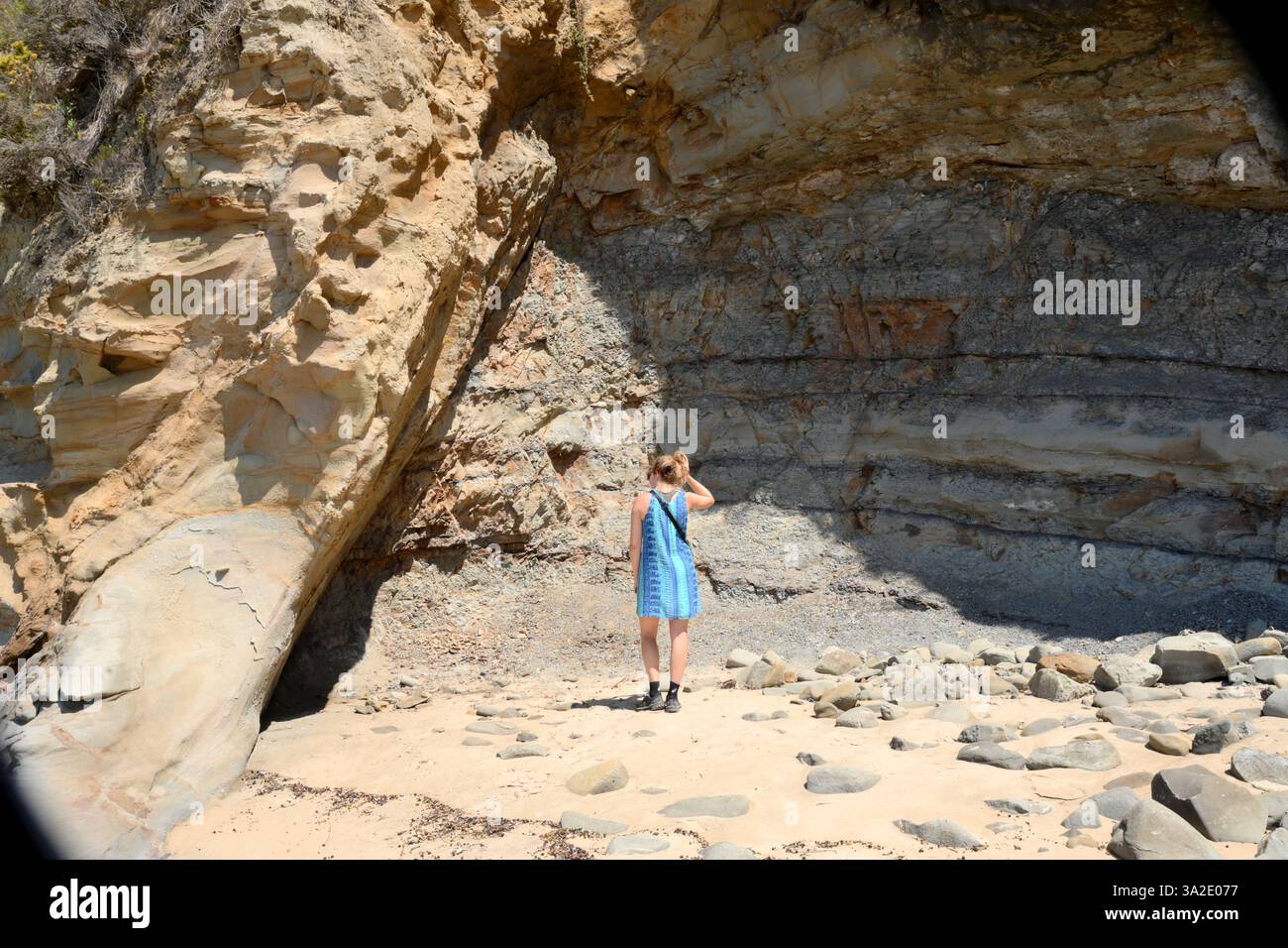 Examining the faulting in rock strata at Cape Patterson where the ...