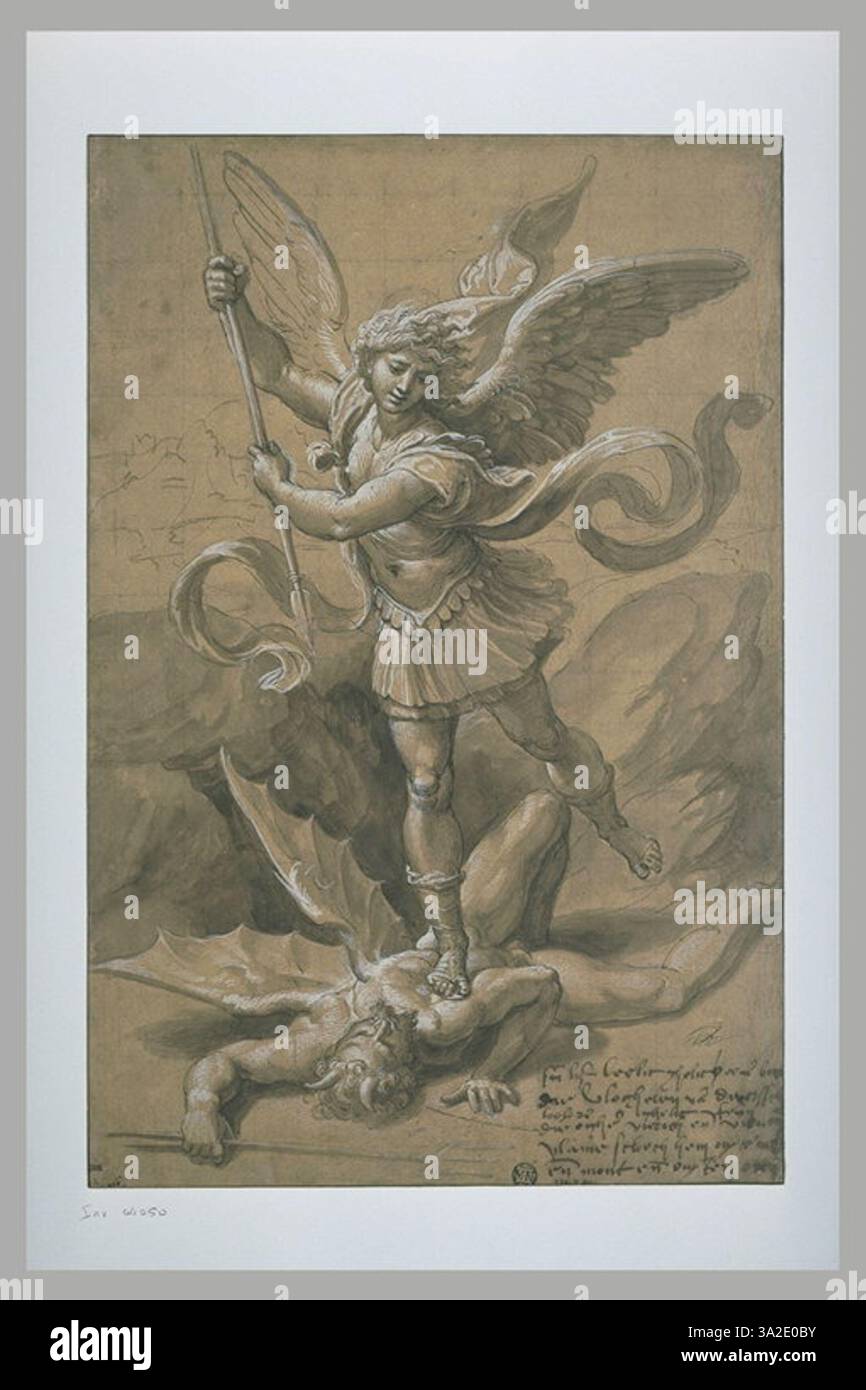This drawing by Giovanni Francesco Penni depicts Saint Michael ...
