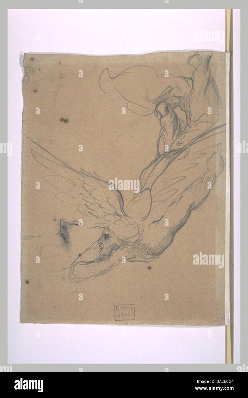 The drawing presents a detailed study of an angel, focusing on the ...