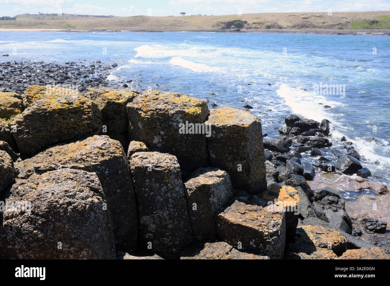 Slow cooling of the rock has left large regular basalt columns making a ...
