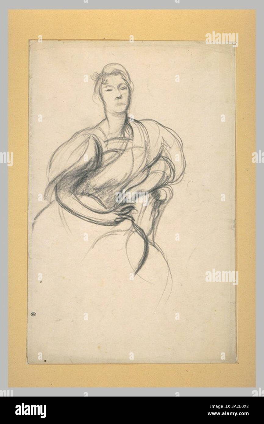 The image features a seated woman, shown from the waist up, facing the ...