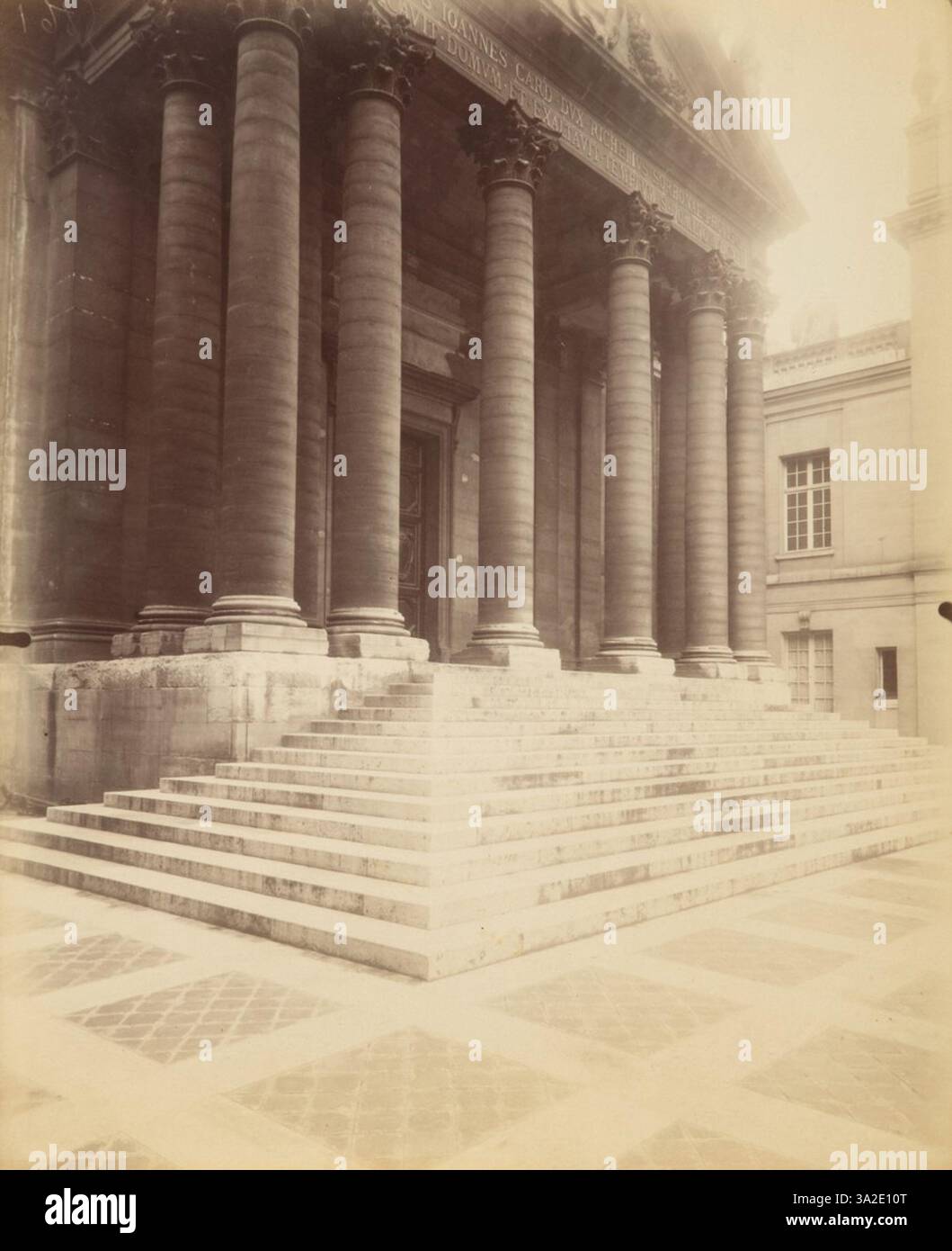 This image depicts the façade of La Sorbonne, a historic university in ...