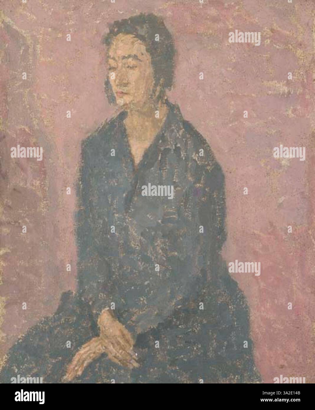 This portrait features a woman with her hands crossed, an expression of ...