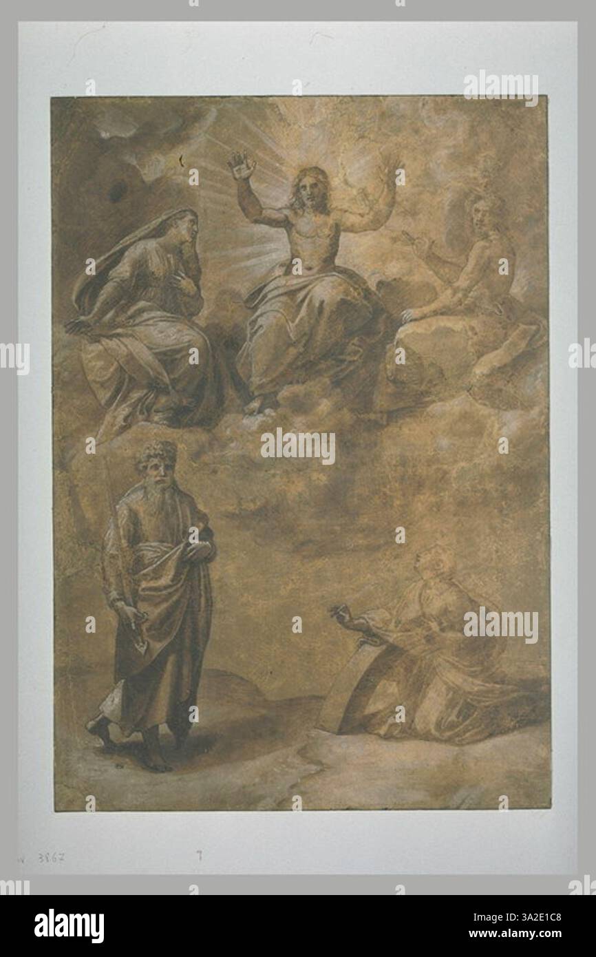 This drawing from Raphael’s workshop depicts Christ in glory, flanked ...