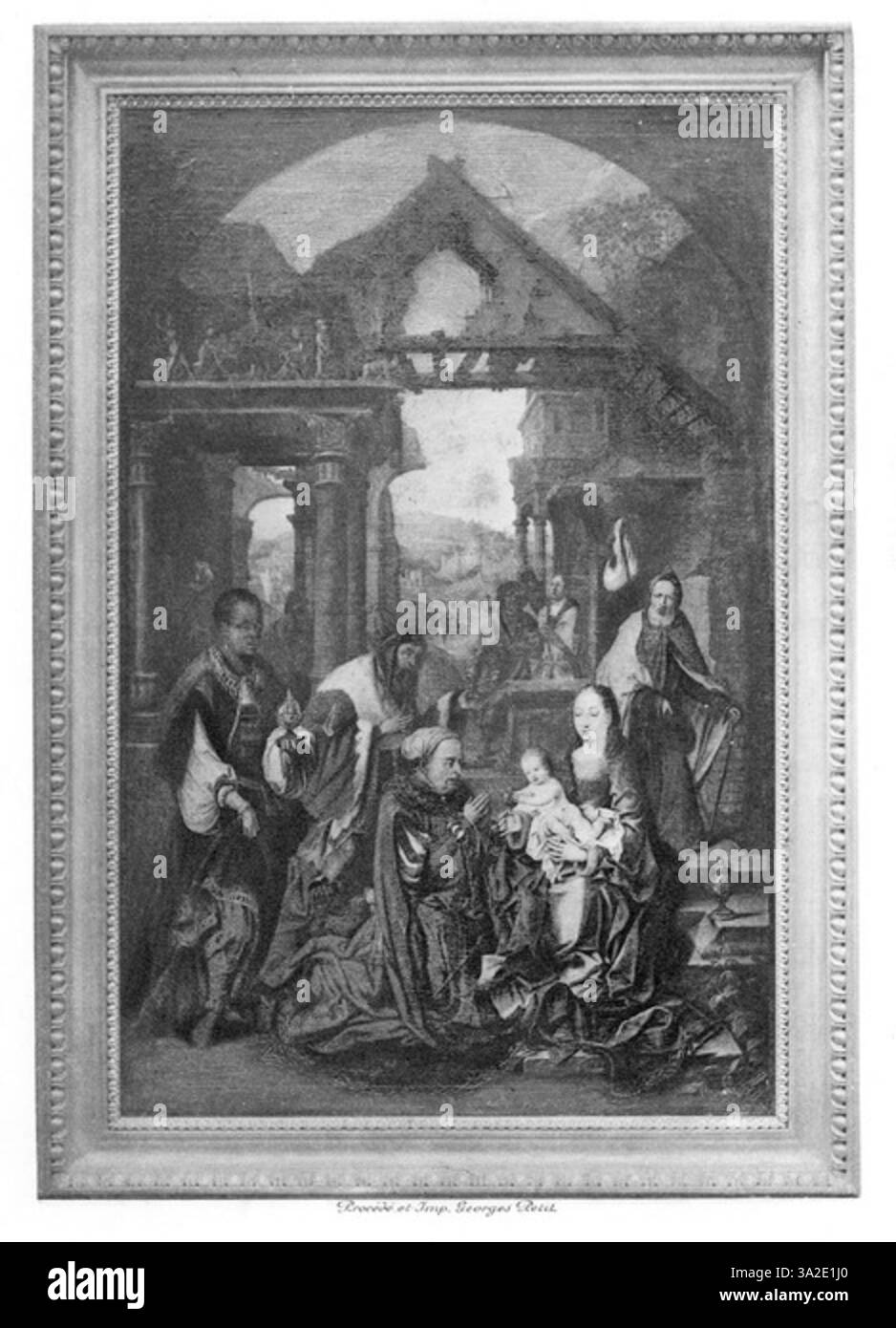 This 16th-century painting, after Joos van Cleve, depicts the Adoration of the Magi. The scene ...