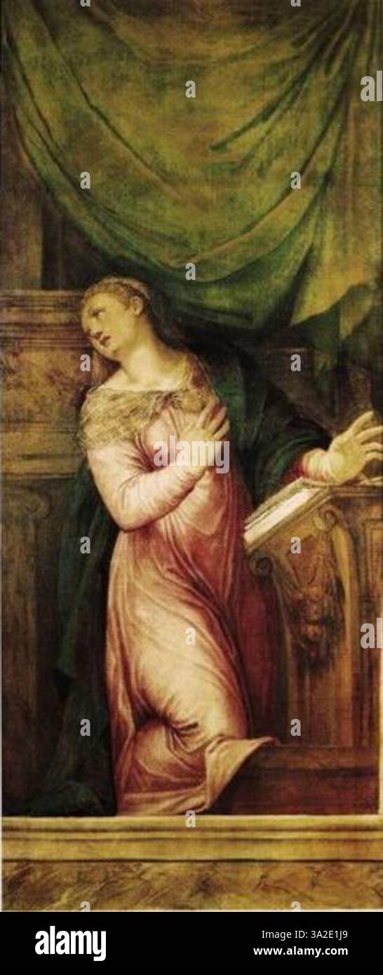 This painting, attributed to Paolo Veronese, depicts the Annunciation. The artist captures the ...