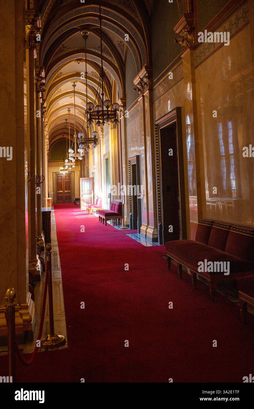 The corridor inside the Hungarian Parliament Building, also known as ...
