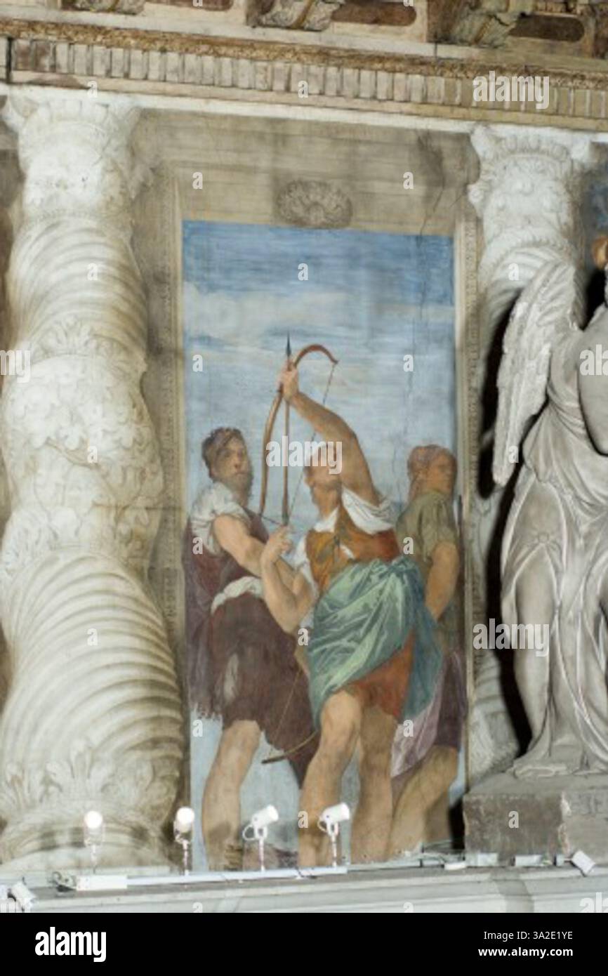 The painting depicts archers, likely representing a military or heroic ...