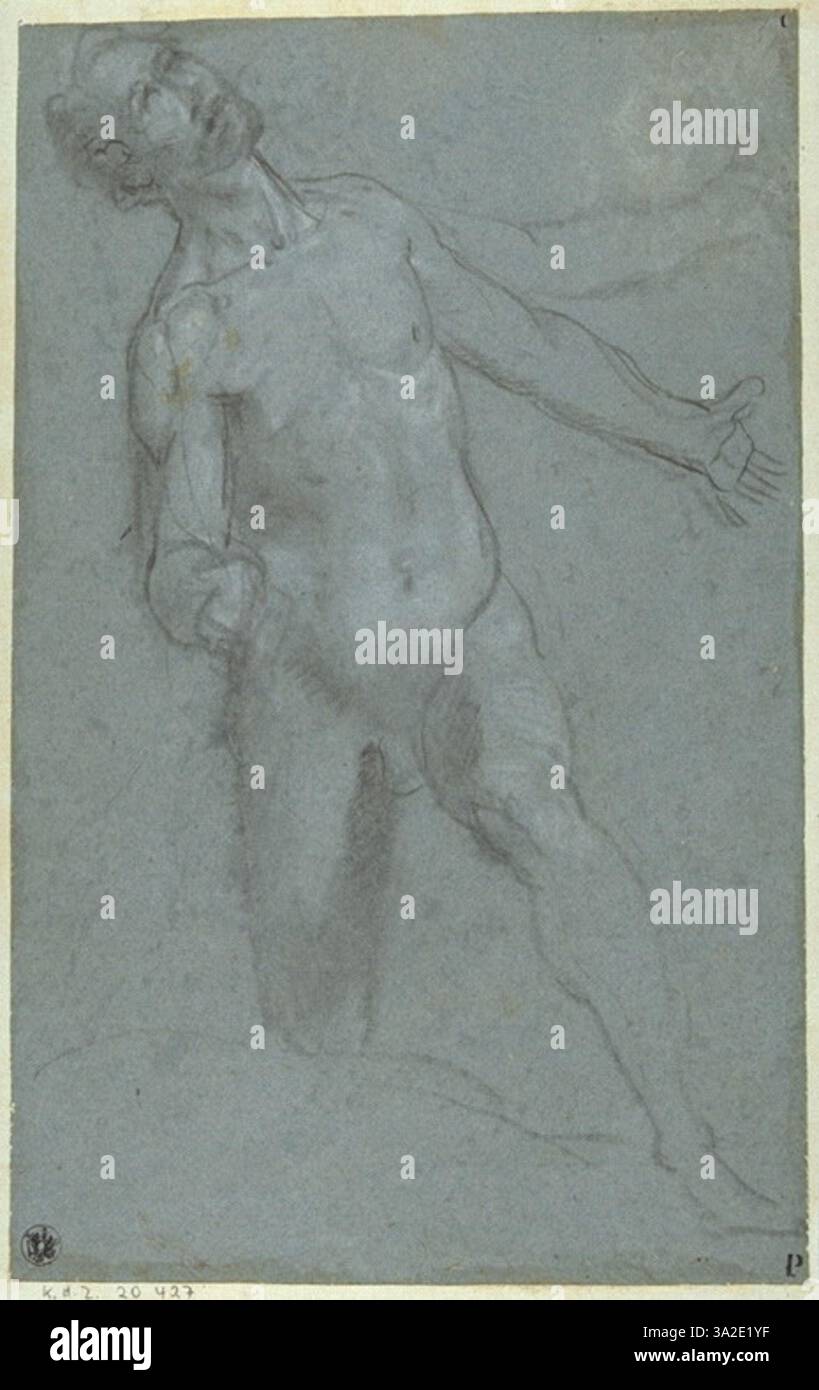 A detailed study of a kneeling man gazing upward, with emphasis on the ...
