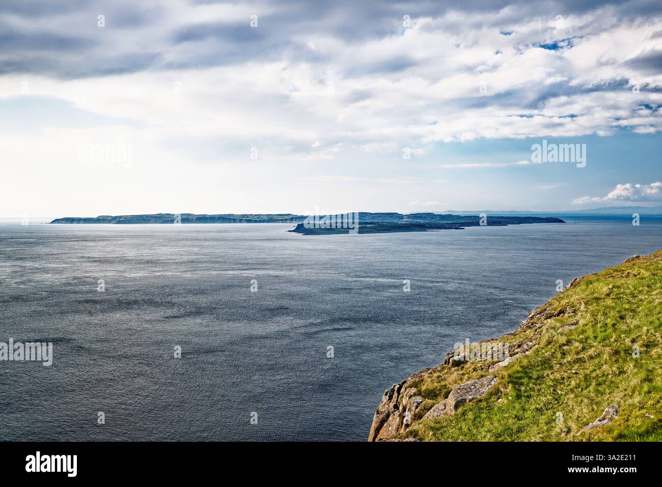 Rathlin Island seen from the cliff top of Fair Head on the north Antrim ...