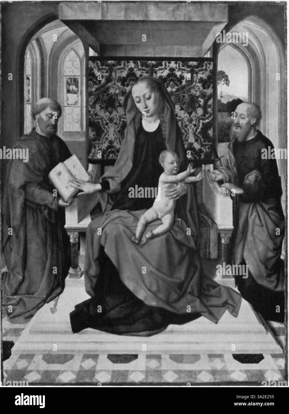 This work depicts a religious gathering, with figures in deep prayer ...