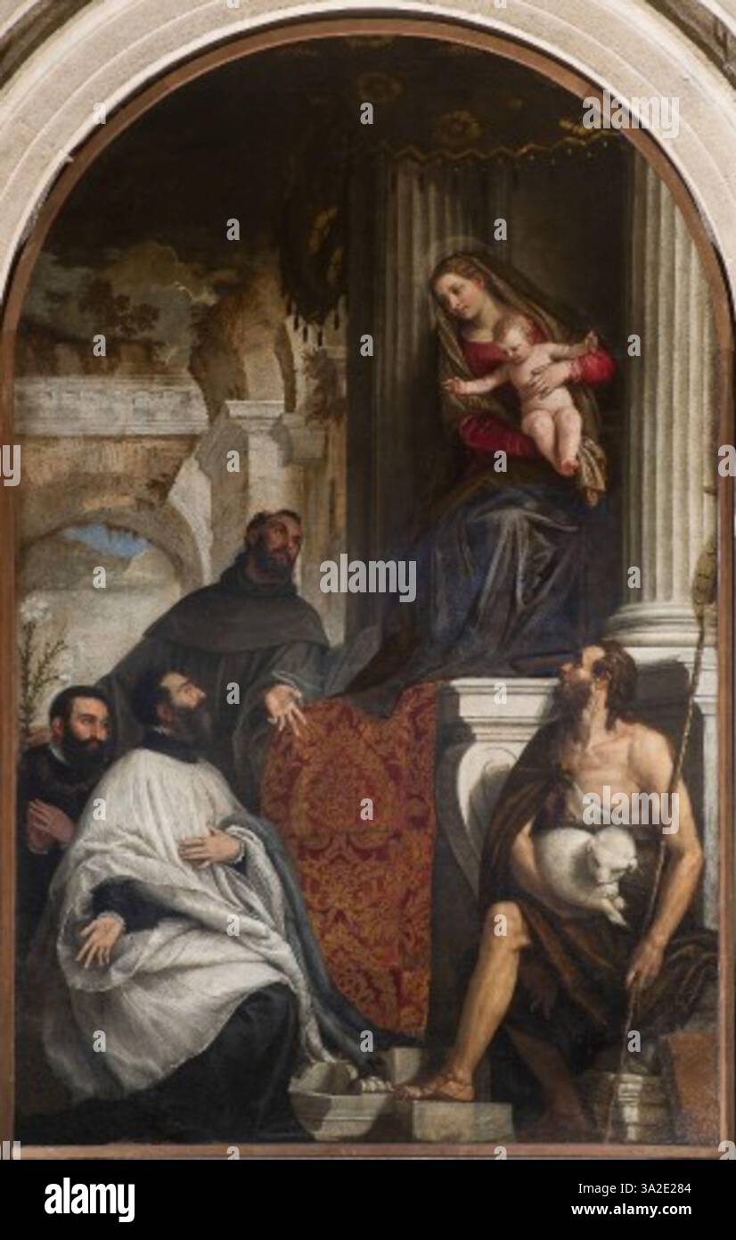 The Virgin Mary is depicted enthroned with the Infant Jesus, surrounded ...
