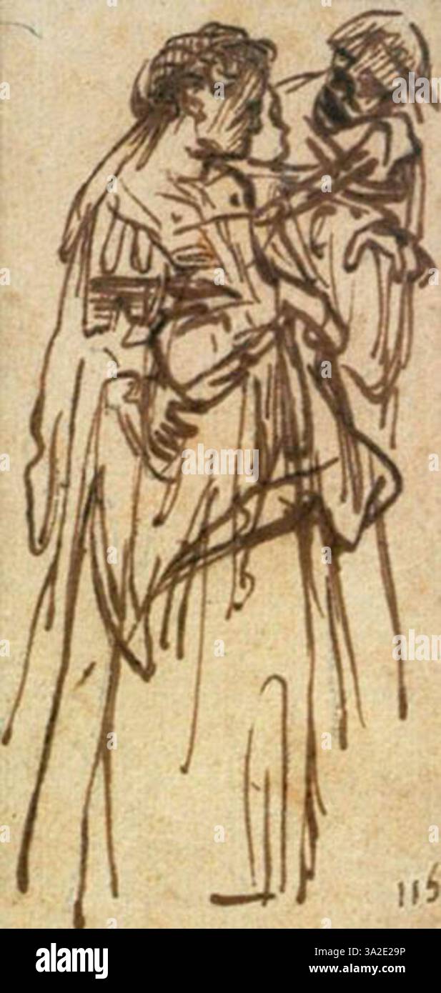 This drawing attributed to Rembrandt shows a quick sketch of a woman ...