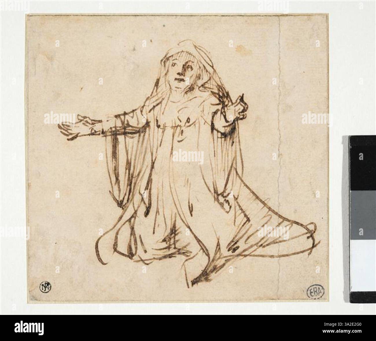 This study features a woman kneeling, captured in a humble and ...