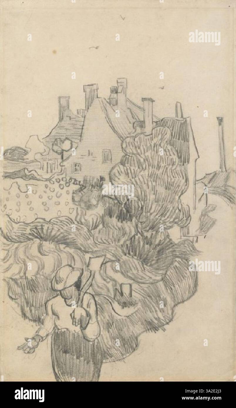 A drawing by Vincent van Gogh capturing a rural landscape with emphasis ...