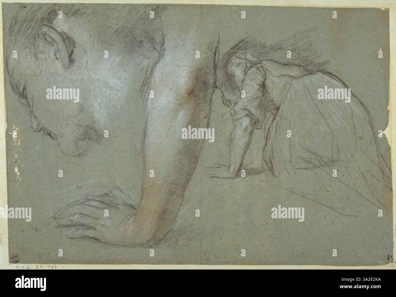 Study of a kneeling woman with her arm resting on the ground, including ...