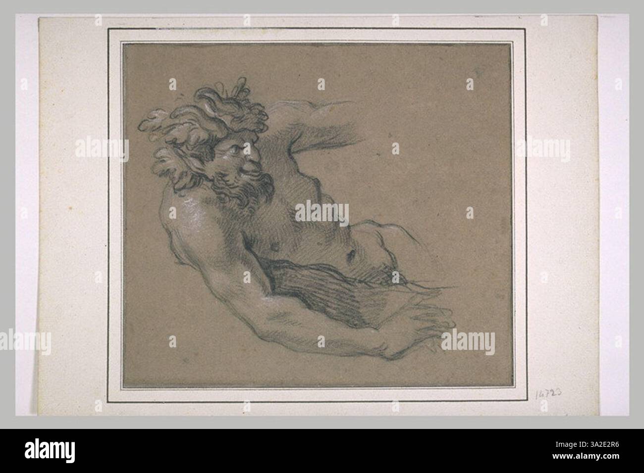 This drawing by Simon Vouet shows the head of a satyr, reclining and ...