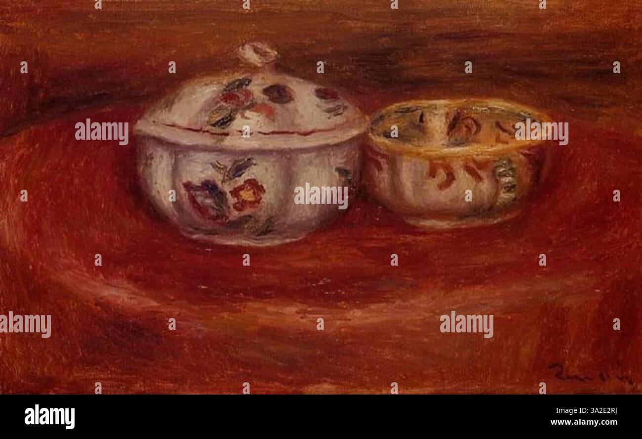 This still life painting features a sugar bowl and a piece of baked ...