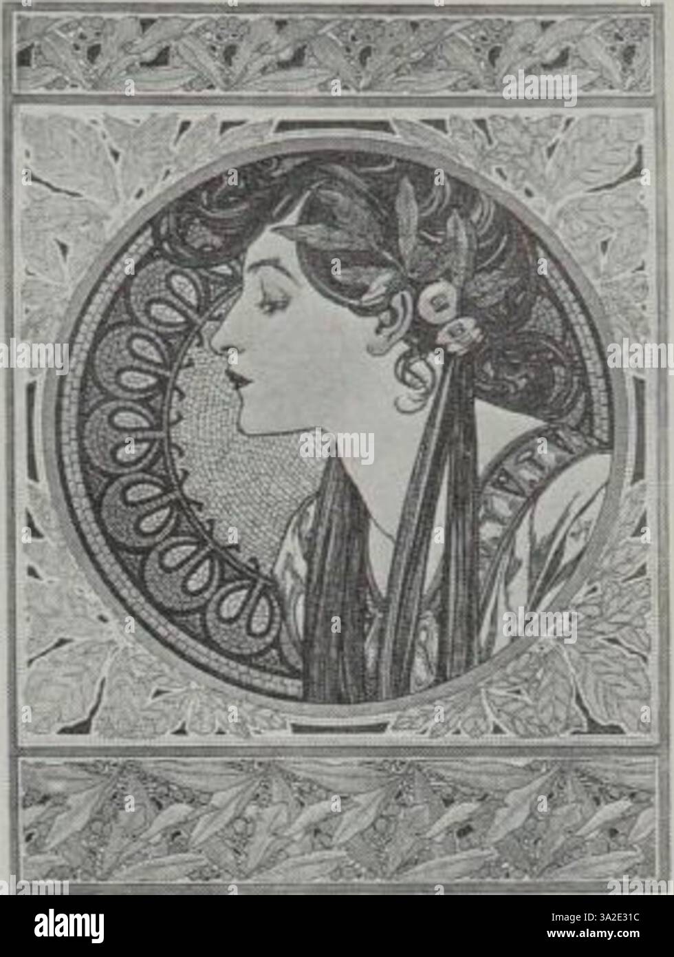 This image showcases Alphonse Mucha's distinctive Art Nouveau style, featuring a bridge design ...