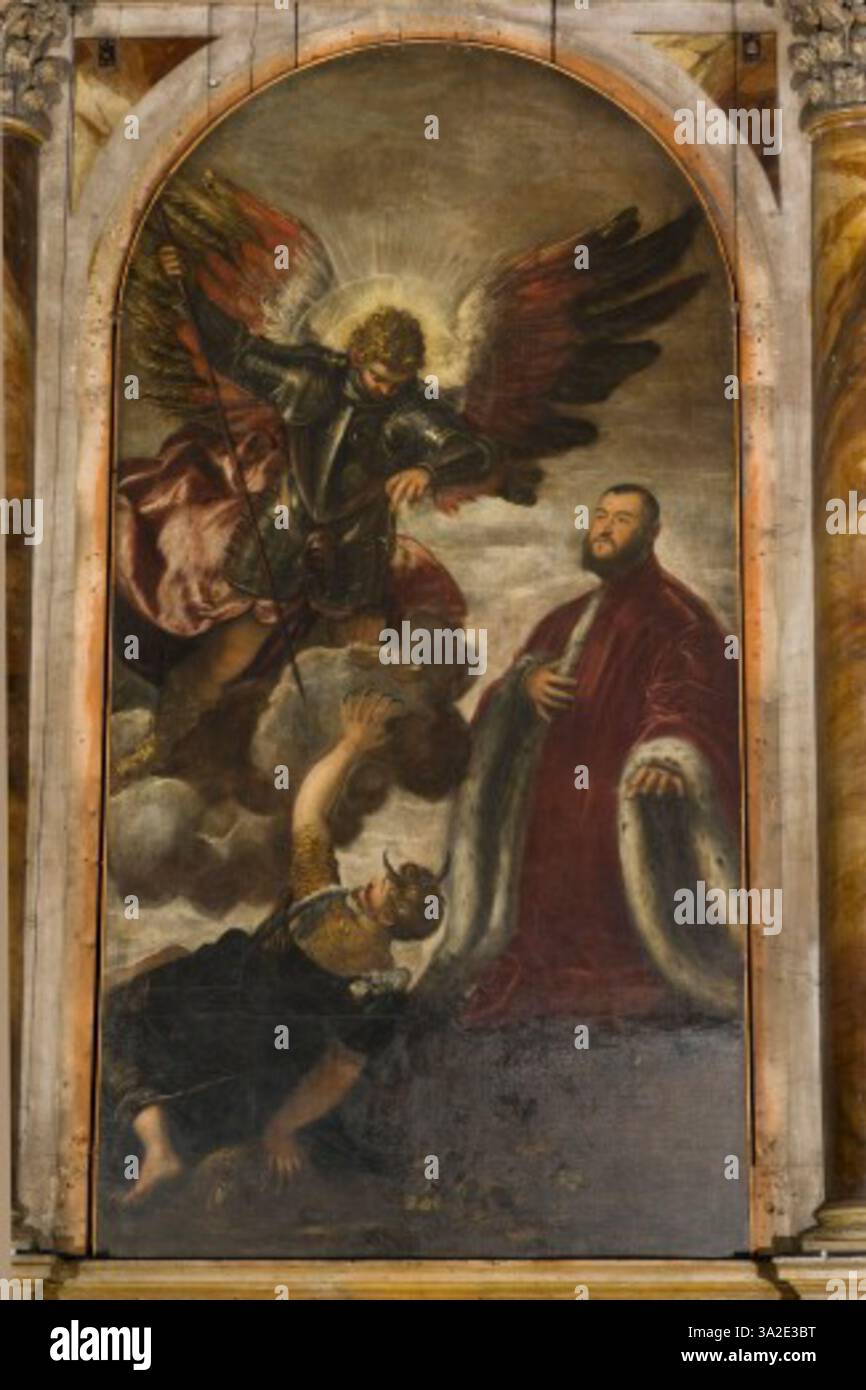 The Archangel Michael is shown defeating evil, accompanied by a donor ...