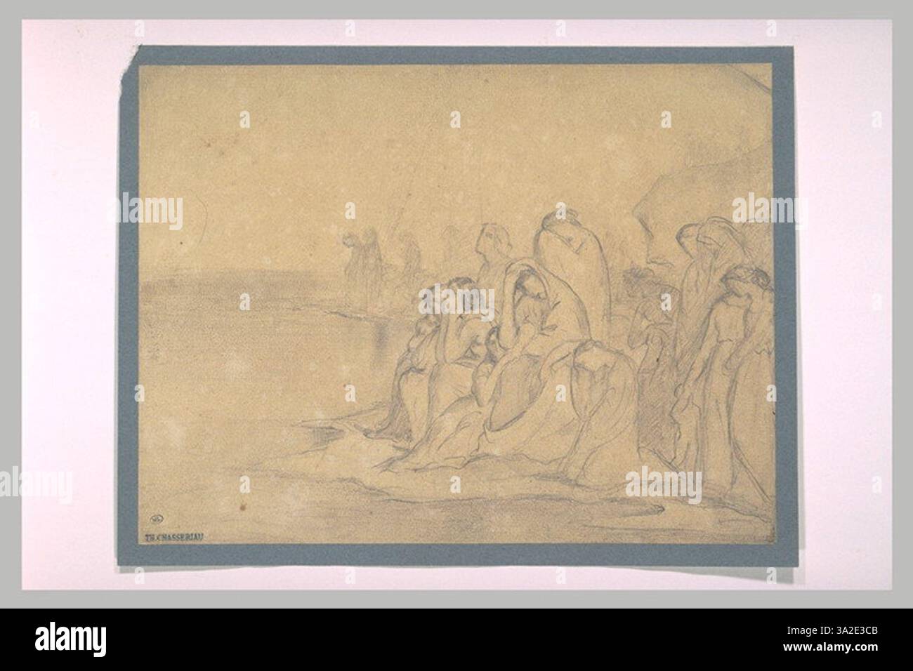 A group of women are depicted lamenting on a beach, evoking a powerful ...