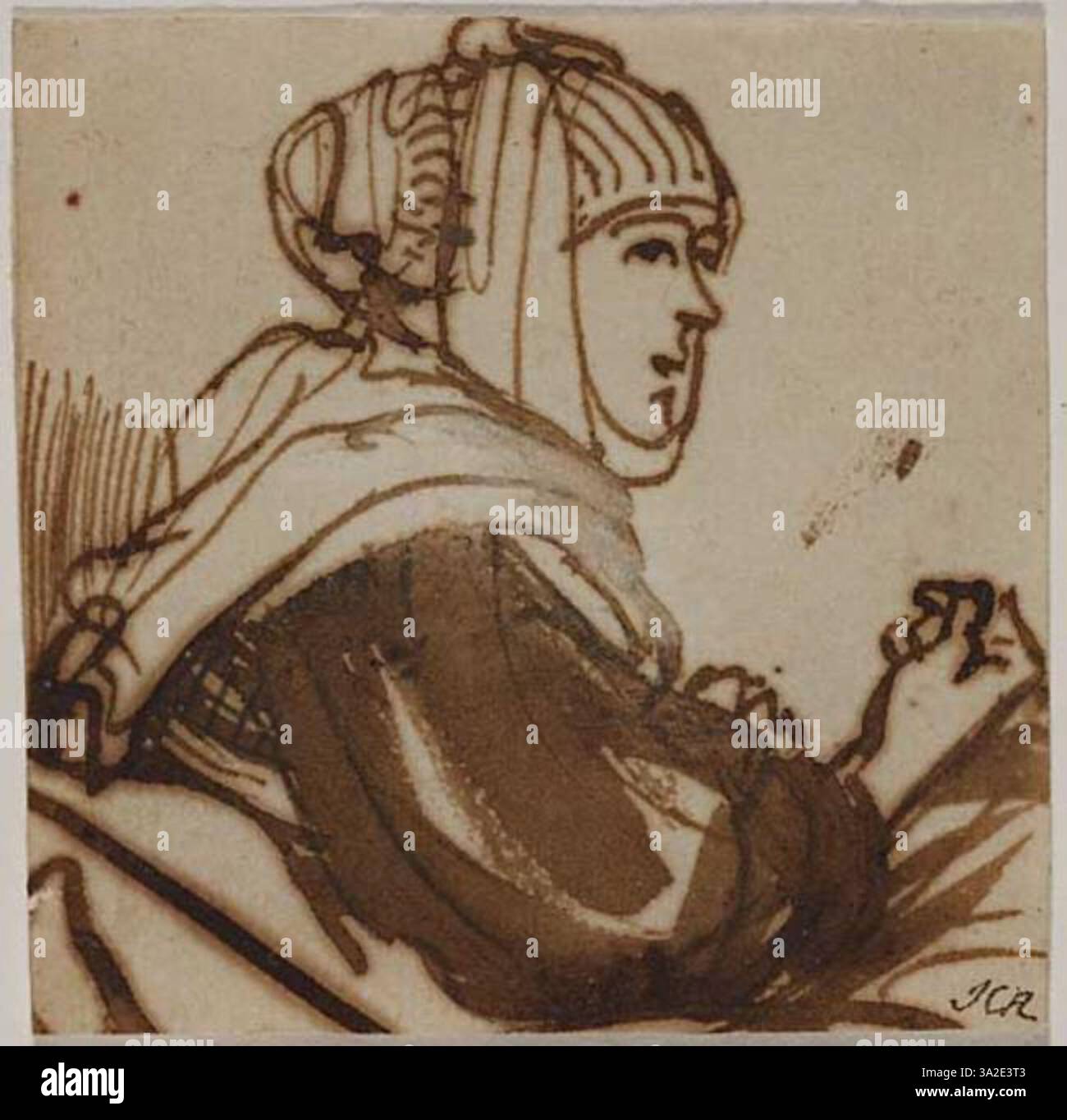 A study by the school of Rembrandt shows a woman in profile, focusing ...