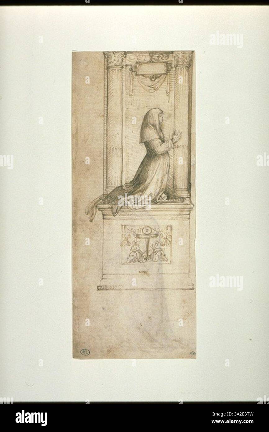 This drawing shows a kneeling woman between two columns, a study for an ...