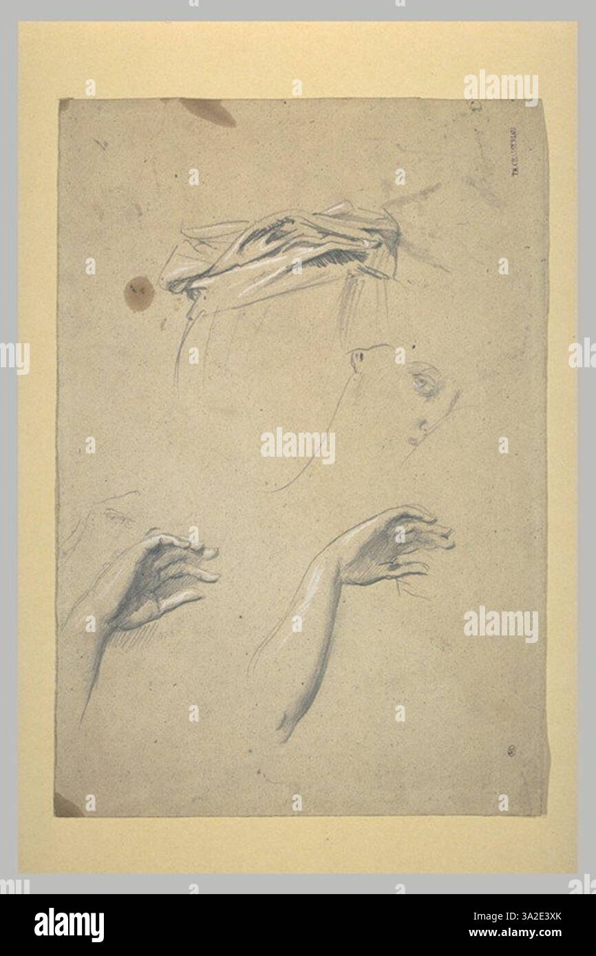This drawing features two studies: one of a raised right hand before a ...