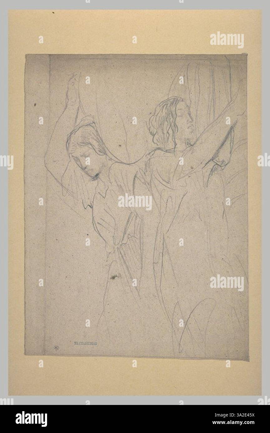 This drawing features two women, one leaning left and the other turned ...