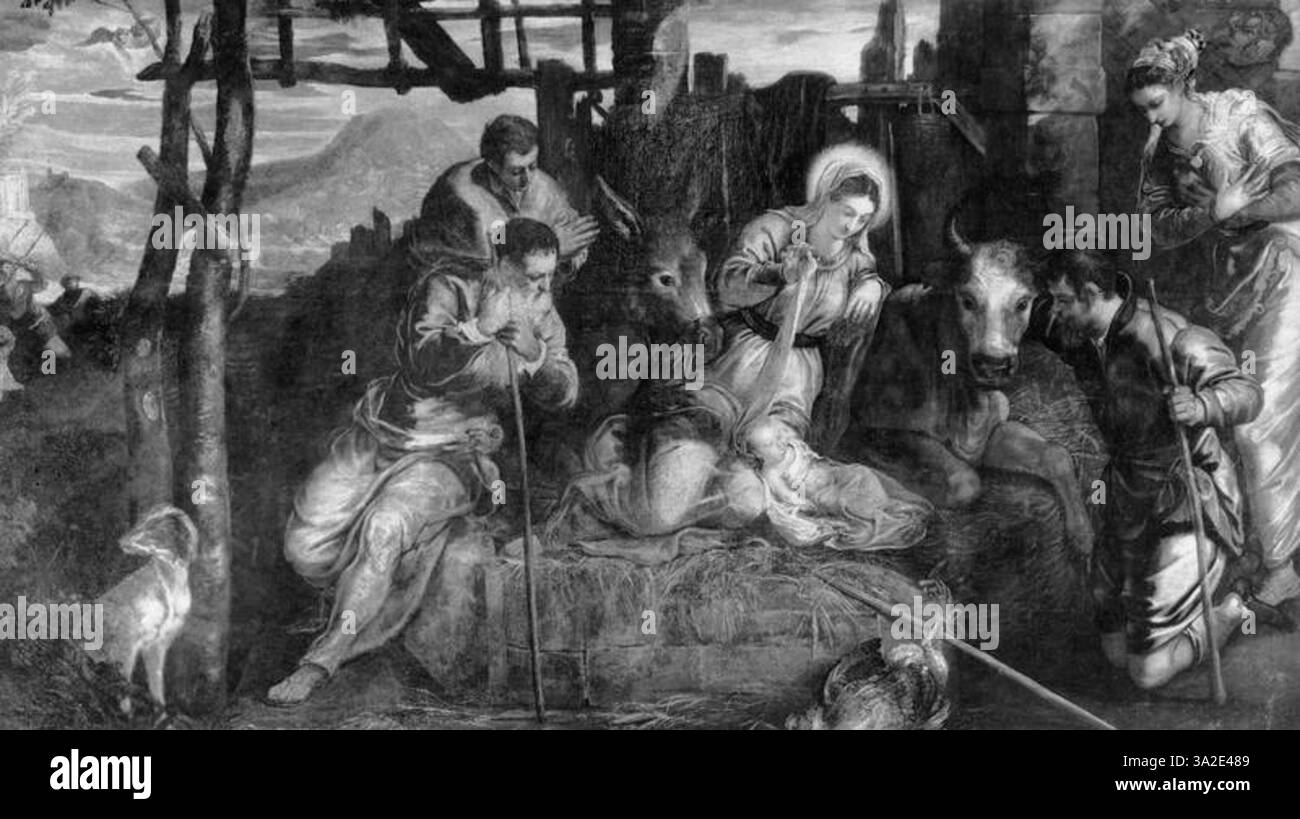 This Nativity scene shows the Adoration of the Shepherds, with figures ...