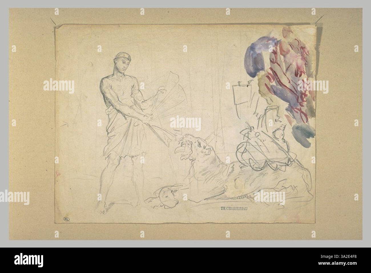This drawing shows a man fanning a reclining tiger, with a caricature ...