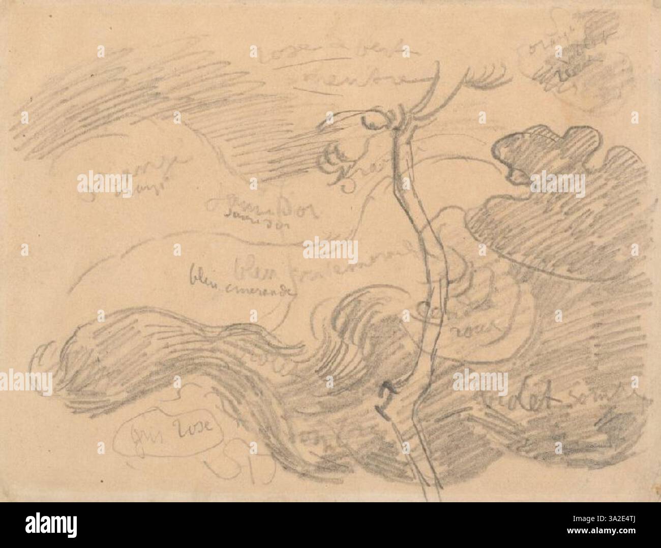 A drawing by Vincent van Gogh depicting a rural landscape with a focus ...