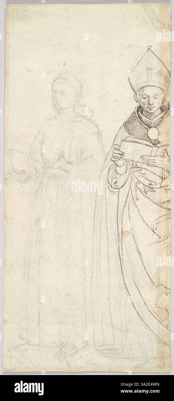 This work from Raphael’s school depicts a standing monk and bishop ...