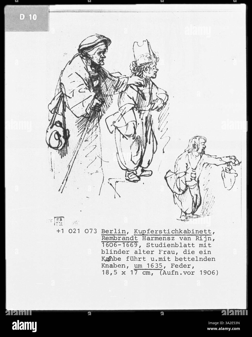 This study depicts a blind elderly woman being guided by a boy, with a ...
