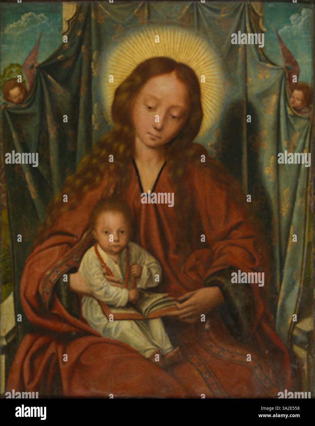 This 15th-century painting attributed to Quinten Massys depicts the Virgin Mary with the infant ...