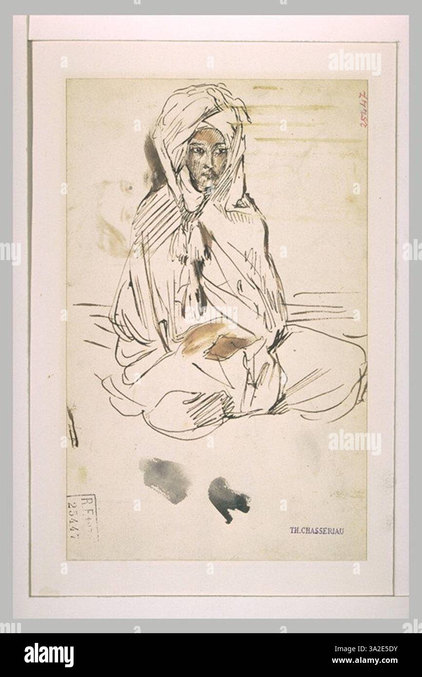 An Arab figure seated, wrapped in a burnous, a traditional cloak. The ...