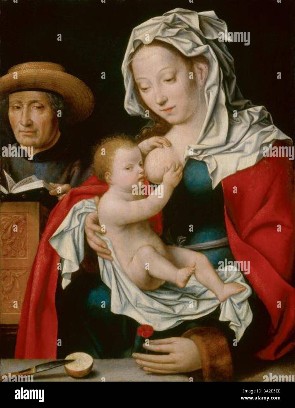 This painting by Joos van Cleve, created around 1515-1520, features the Virgin Mary with the ...