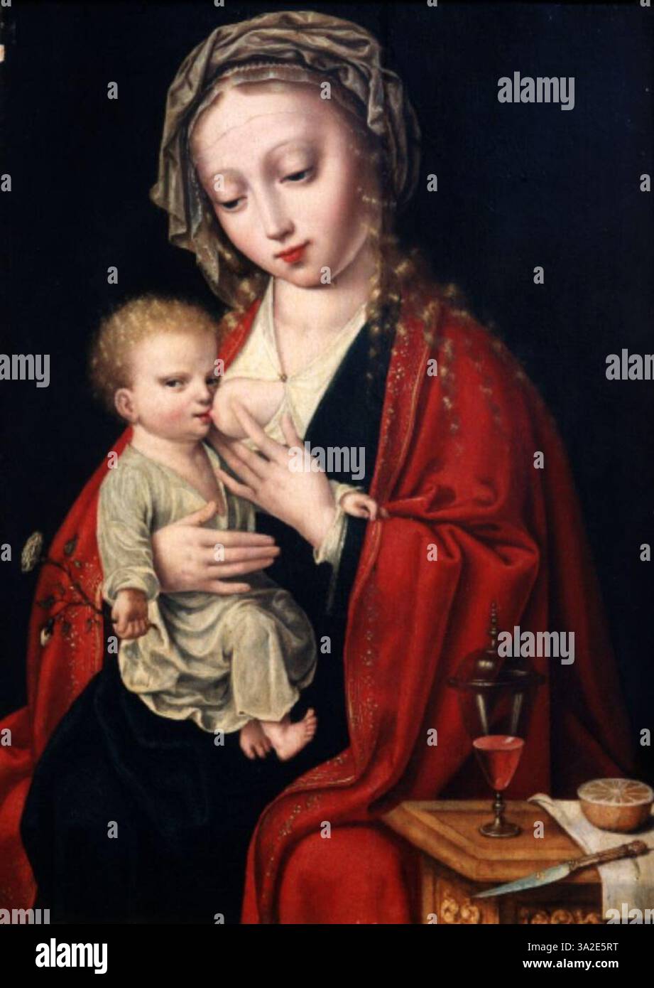 This 16th-century painting, attributed to Joos van Cleve, depicts the Virgin Mary with the ...
