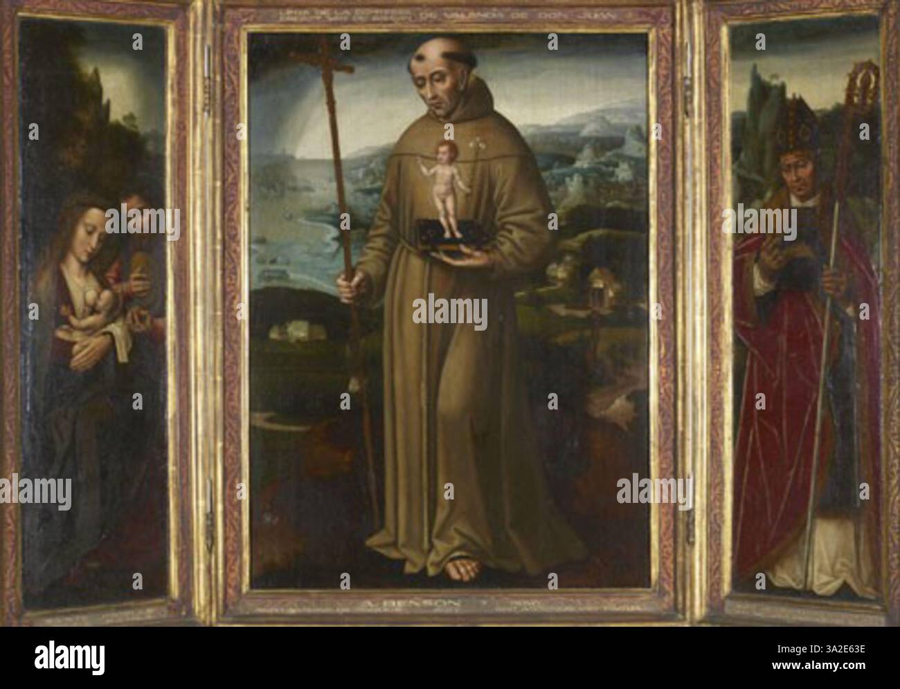 This triptych by Ambrosius Benson features three key religious scenes: the Holy Family resting ...