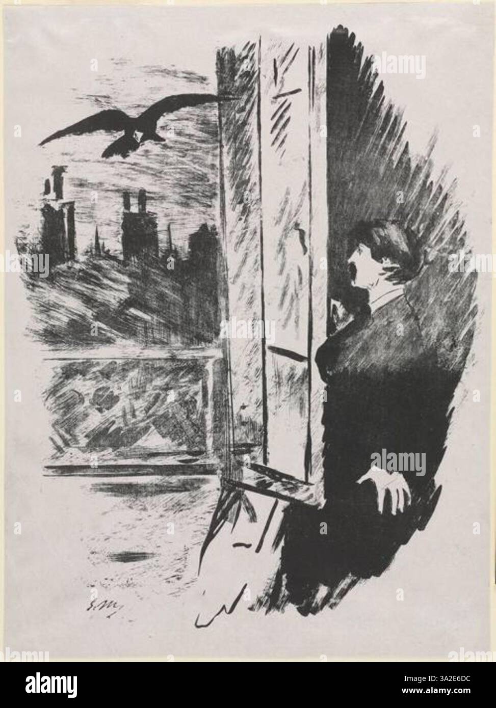 Based on the poem 'The Raven' by Edgar Allan Poe, this piece depicts ...