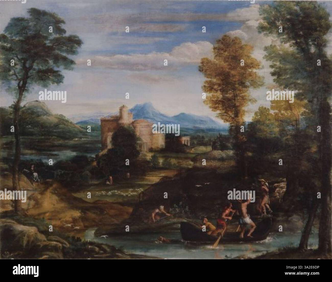 This landscape by Annibale Carracci features hunters crossing a river ...