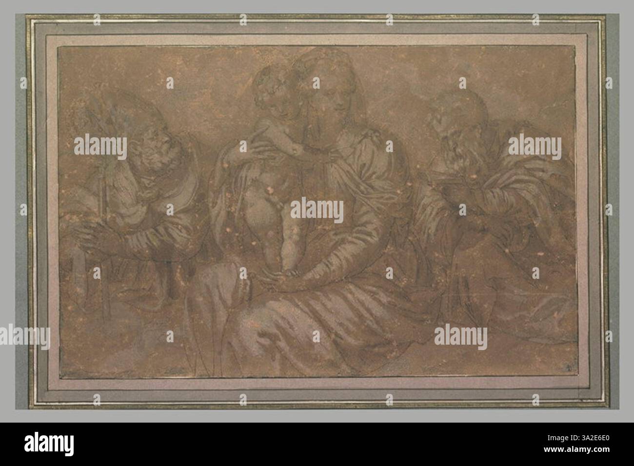 A reproduction shows the Virgin Mary seated with the infant Jesus ...
