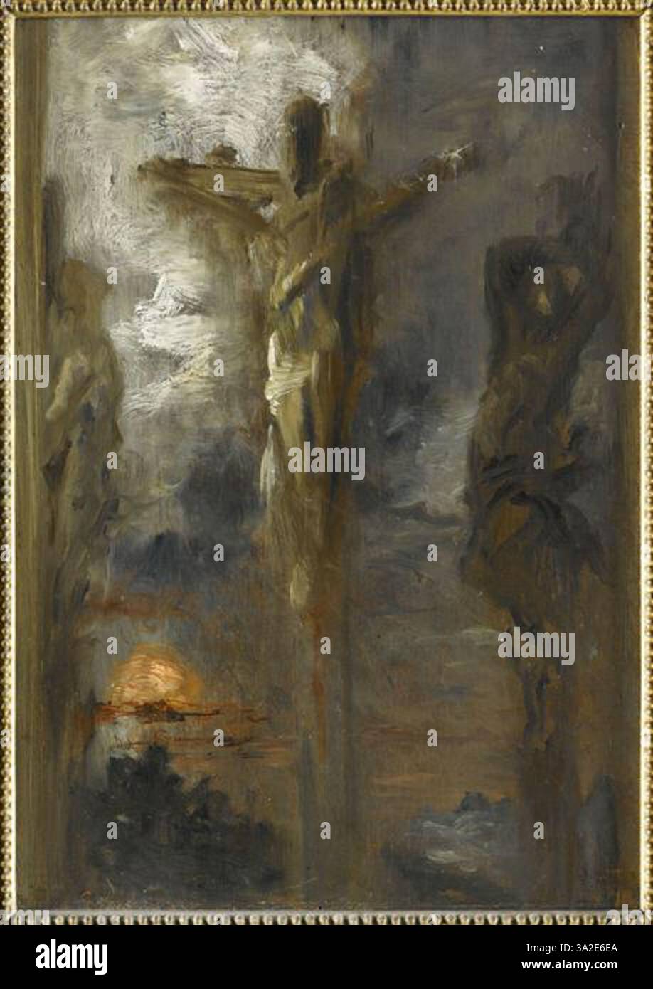 This painting by Gustave Moreau depicts Christ crucified between two ...