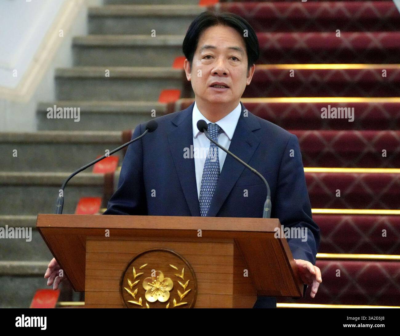 Taiwanese President Lai Ching-te holds a press conference in Taipei on ...