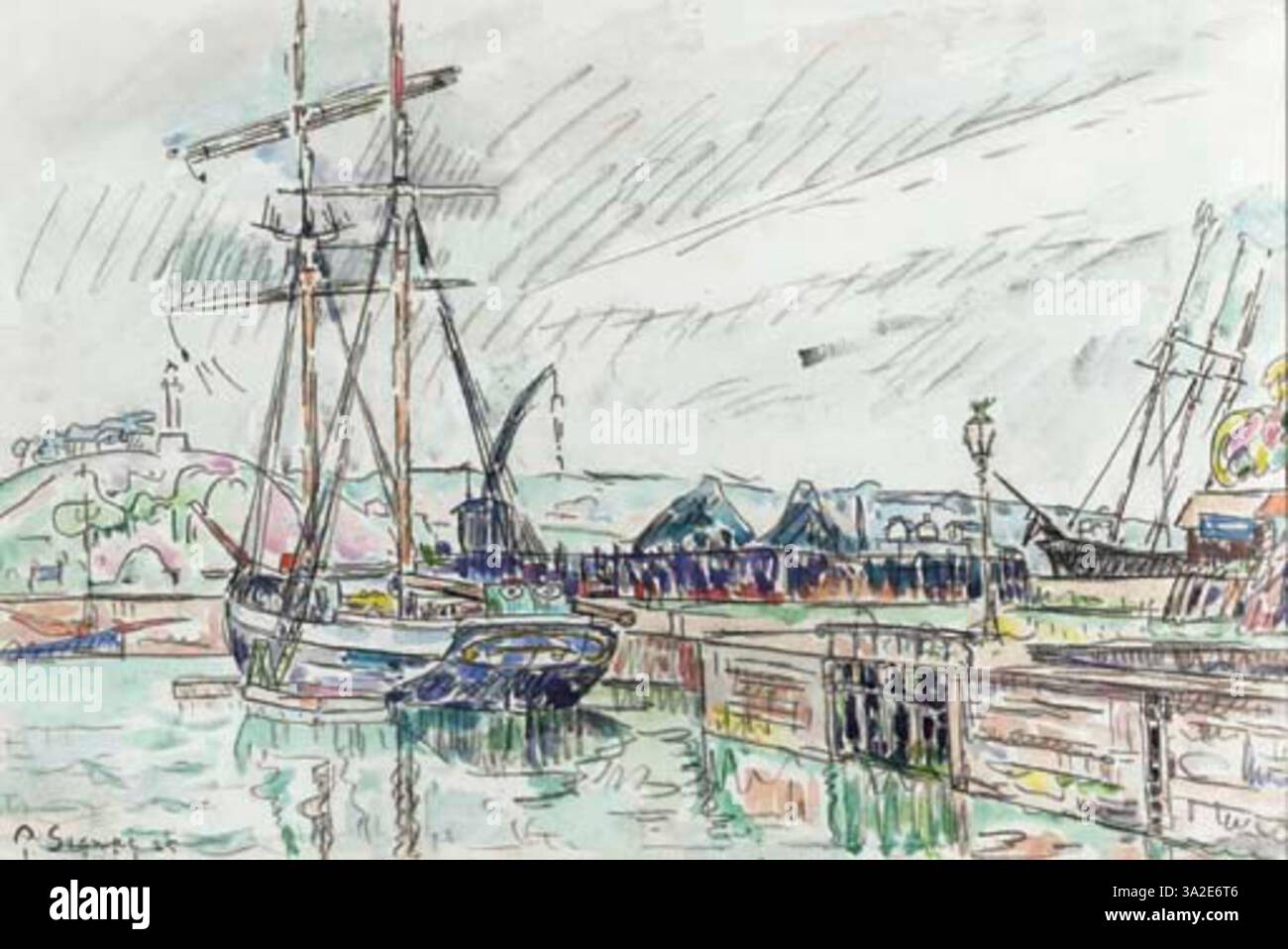 This 1925 painting by Paul Signac depicts a schooner docked at Paimpol ...