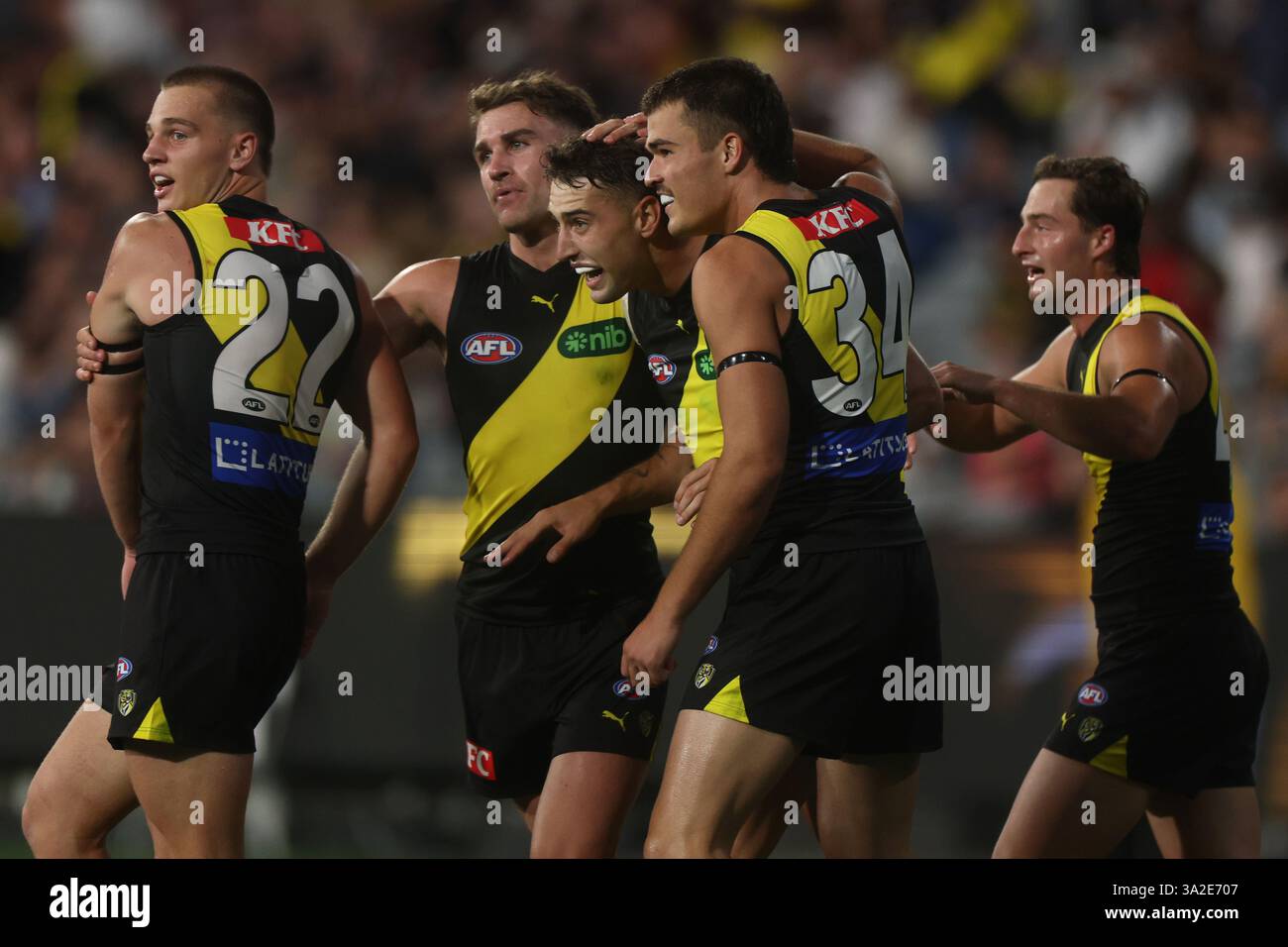 Melbourne, Australia. 13th Mar, 2025. Jacob Bauer of the Tigers (centre ...