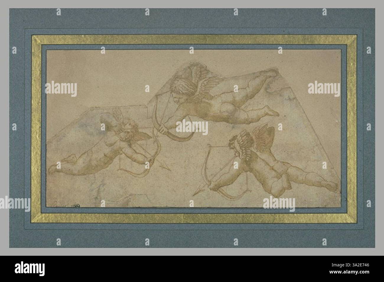 This image depicts three winged children flying with three love figures ...